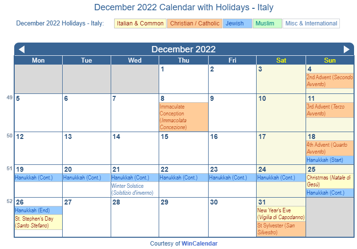 Print Friendly December 2022 Italy Calendar for printing