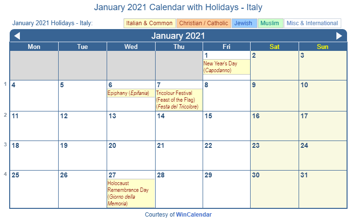 Print Friendly January 2021 Italy Calendar for printing