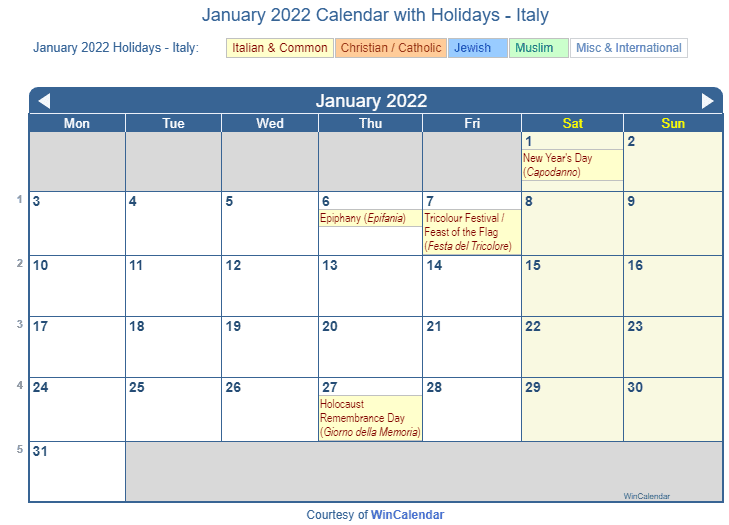 Print Friendly January 2022 Italy Calendar for printing