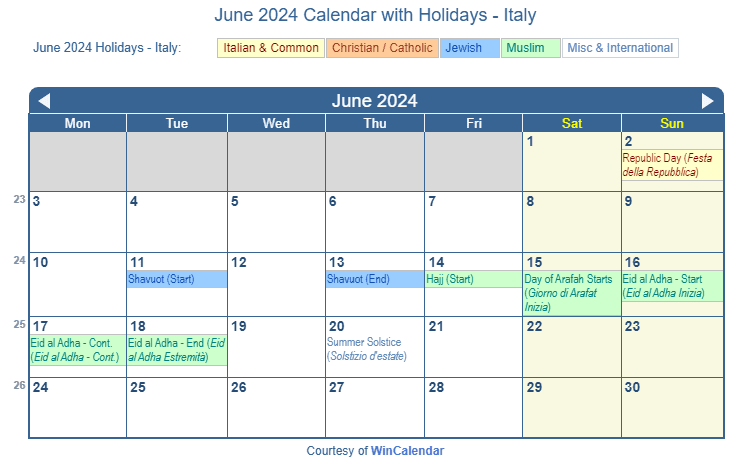 Print Friendly June 2024 Italy Calendar for printing