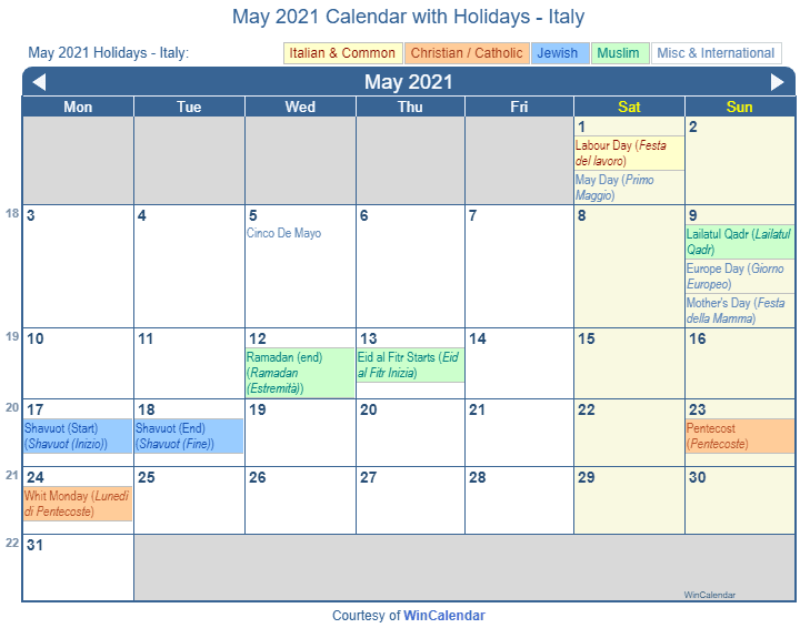 Print Friendly May 2021 Italy Calendar for printing
