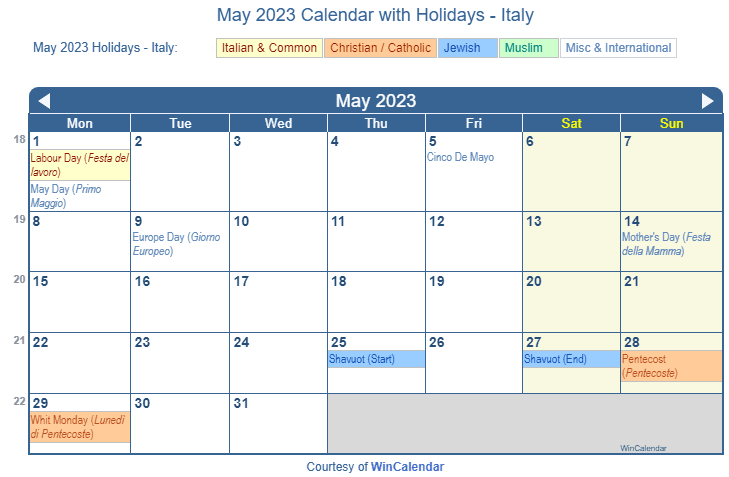 Print Friendly May 2023 Italy Calendar for printing