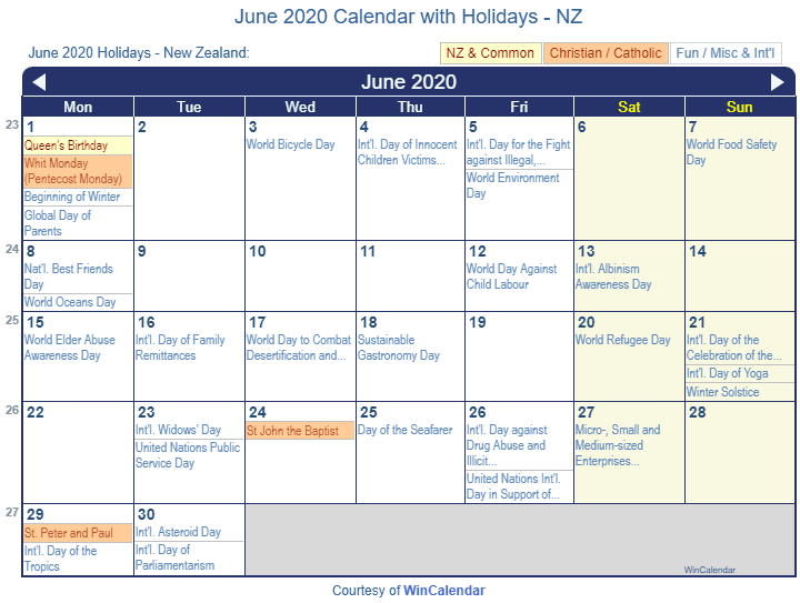 Print Friendly June 2020 New Zealand Calendar for printing