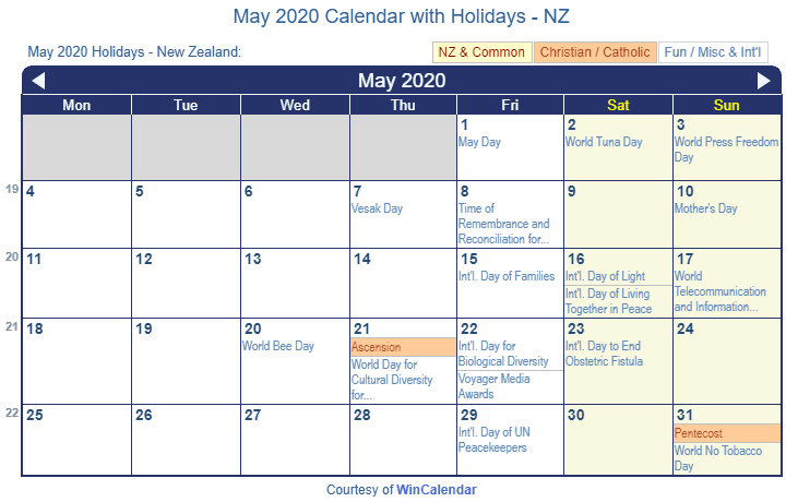 Print Friendly May 2020 New Zealand Calendar for printing