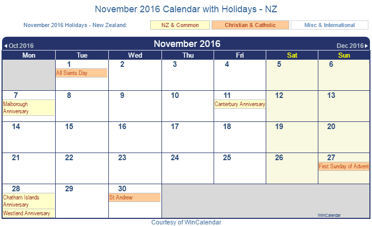 Print Friendly November 2016 New Zealand Calendar for printing