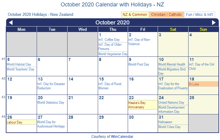 Print Friendly October 2020 New Zealand Calendar for printing