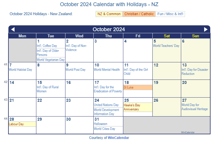 Print Friendly October 2024 New Zealand Calendar for printing