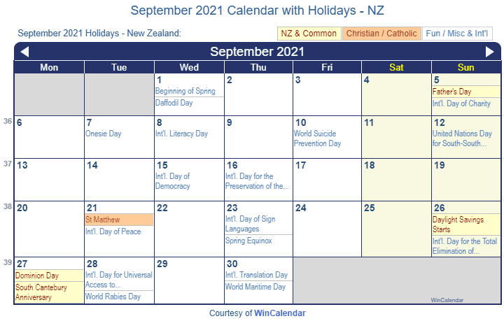 Print Friendly September 2021 New Zealand Calendar for printing