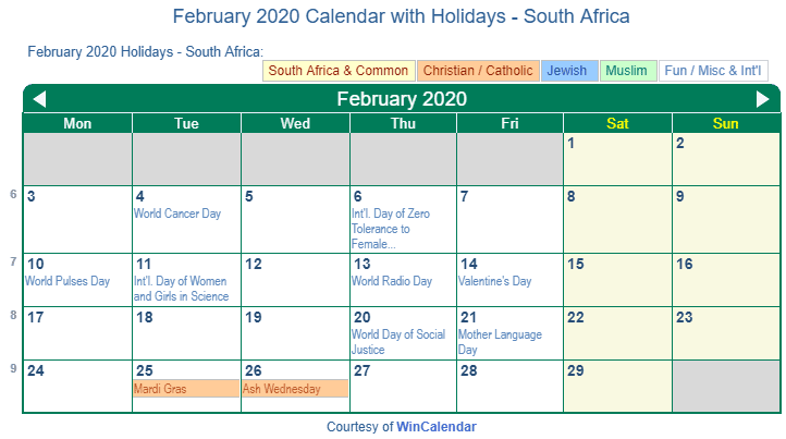 Print Friendly February 2020 South Africa Calendar for printing