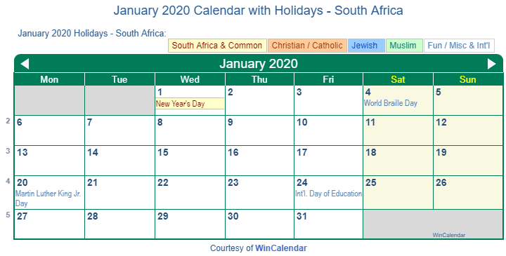 Print Friendly January 2020 South Africa Calendar for printing