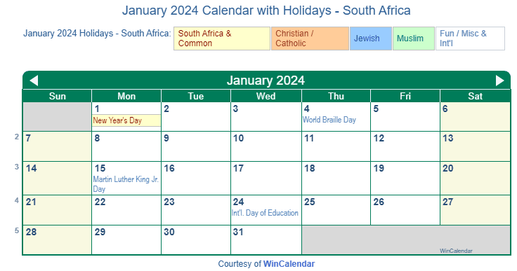Print Friendly January 2024 South Africa Calendar for printing