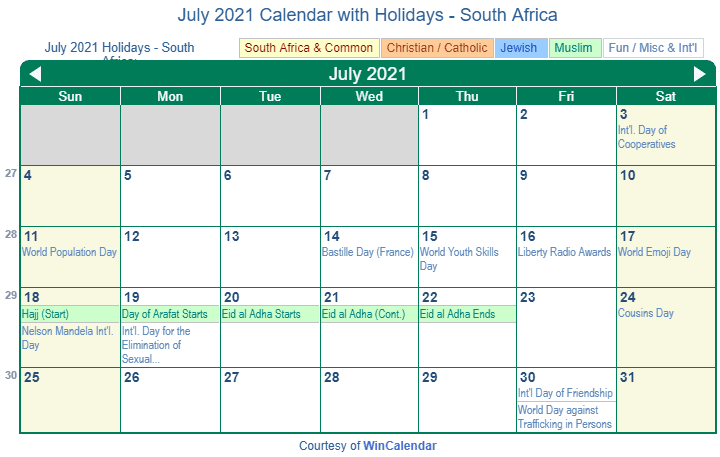 Print Friendly July 2021 South Africa Calendar for printing