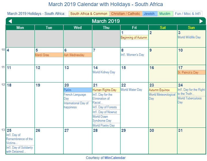 Print Friendly March 2019 South Africa Calendar for printing