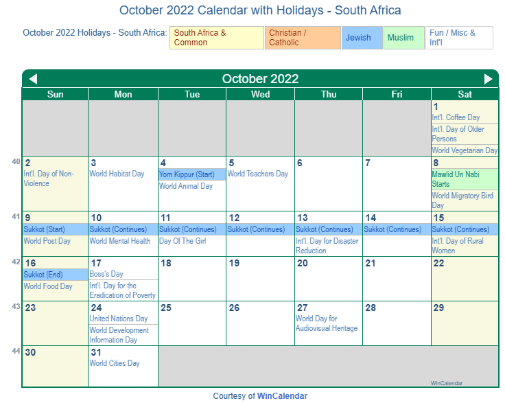 Print Friendly October 2022 South Africa Calendar for printing