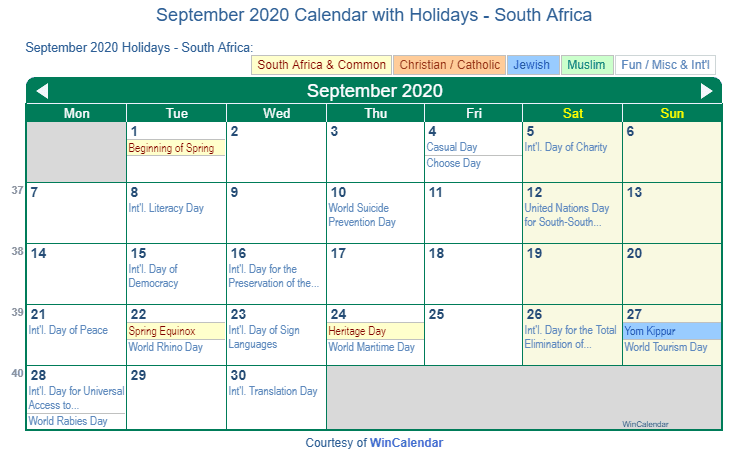 Print Friendly September 2020 South Africa Calendar for printing