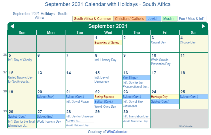 Print Friendly September 2021 South Africa Calendar for printing