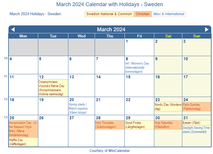 Print Friendly March 2024 Sweden Calendar for printing