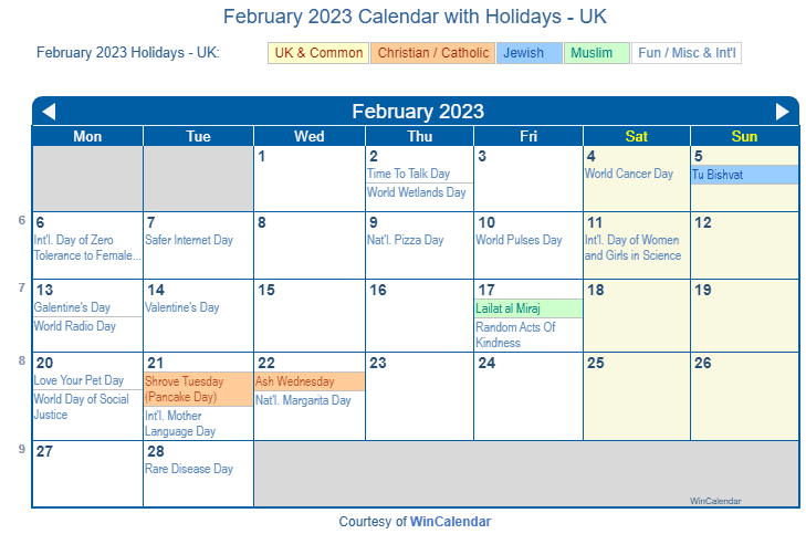 Print Friendly February 2023 UK Calendar for printing