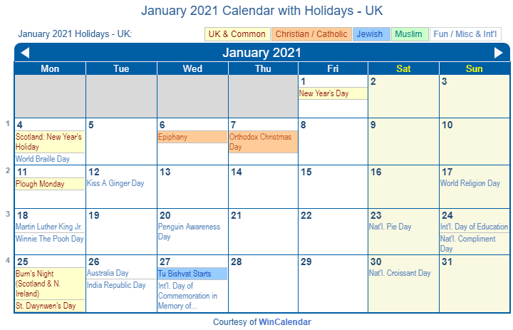 Print Friendly January 2021 UK Calendar for printing