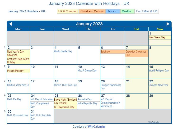 Print Friendly January 2023 UK Calendar for printing