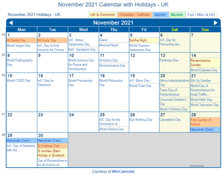 Print Friendly November 2021 UK Calendar for printing