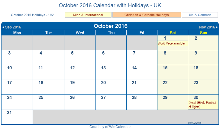 Print Friendly October 2016 UK Calendar for printing