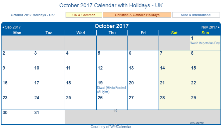 Print Friendly October 2017 UK Calendar for printing