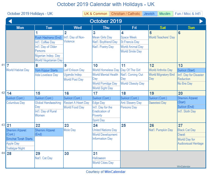 Print Friendly October 2019 UK Calendar for printing