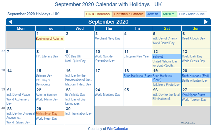 Print Friendly September 2020 UK Calendar for printing