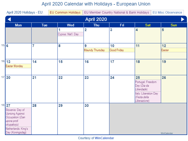 Print Friendly April 2020 EU Calendar for printing