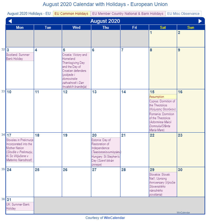 Print Friendly August 2020 EU Calendar for printing