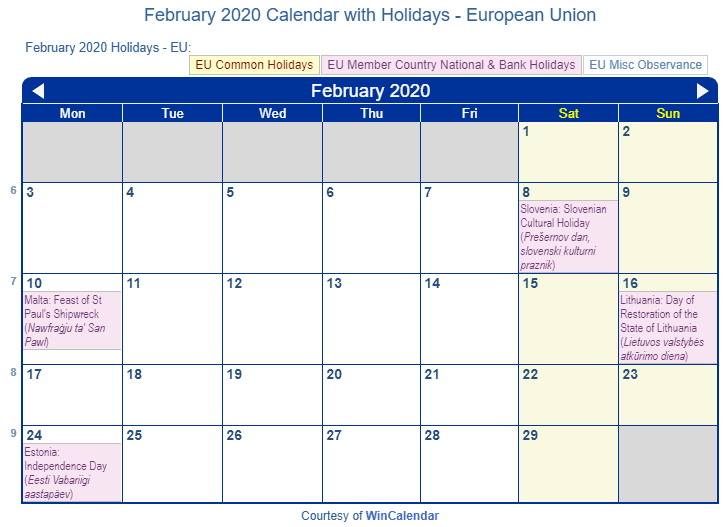 Print Friendly February 2020 EU Calendar for printing