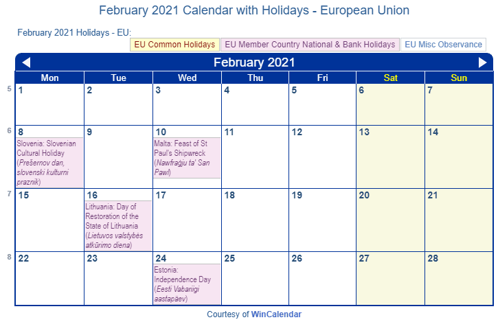 Print Friendly February 2021 EU Calendar for printing