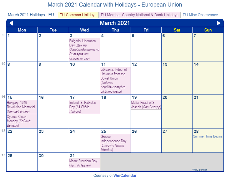 Print Friendly March 2021 EU Calendar for printing