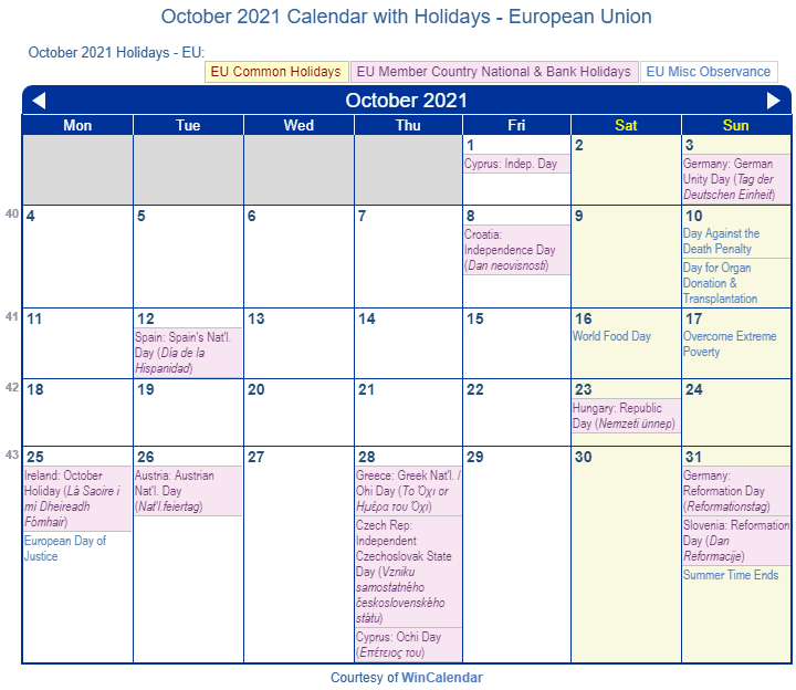 Print Friendly October 2021 EU Calendar for printing