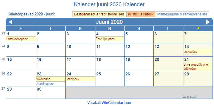 Eesti Trükkimise kalender - juuni 2020