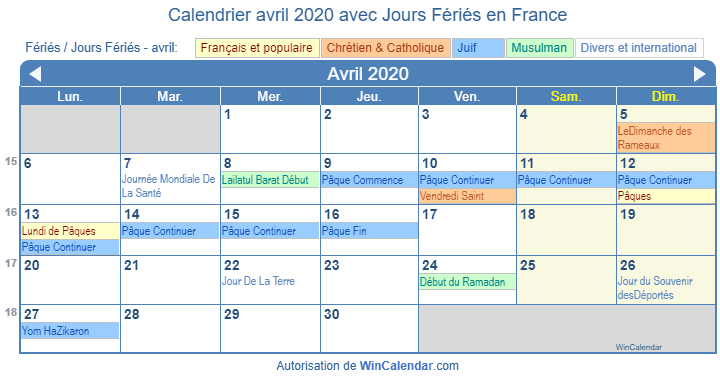 France Calendrier pour l'impression - avril 2020