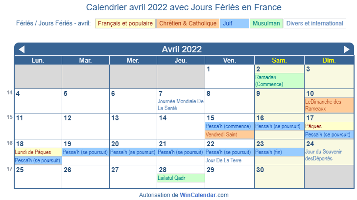 France Calendrier pour l'impression - avril 2022
