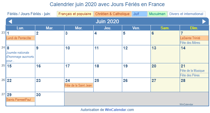 France Calendrier pour l'impression - juin 2020