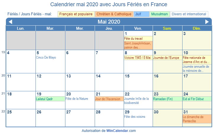 France Calendrier pour l'impression - mai 2020