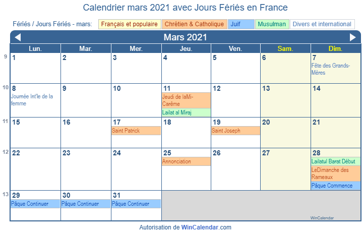 France Calendrier pour l'impression - mars 2021