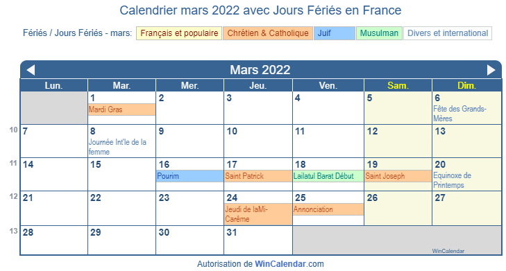 France Calendrier pour l'impression - mars 2022