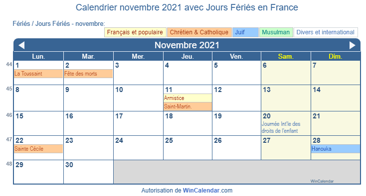 France Calendrier pour l'impression - novembre 2021