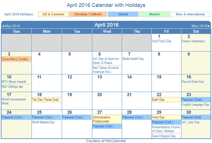 Print Friendly April 2016 US Calendar for printing
