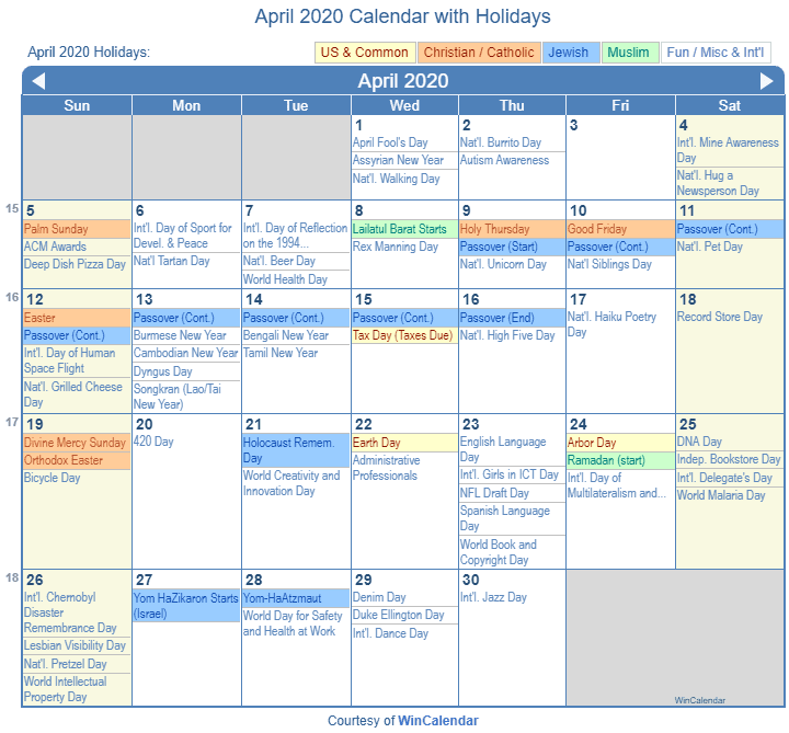 Print Friendly April 2020 US Calendar for printing