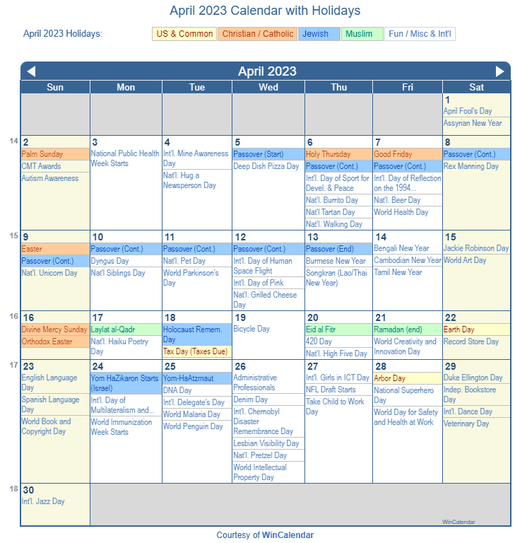Print Friendly April 2023 US Calendar for printing
