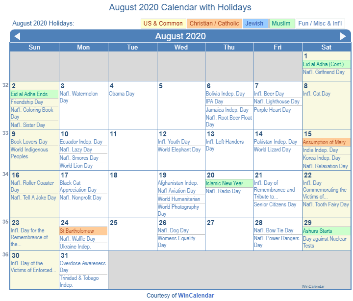 Print Friendly August 2020 US Calendar for printing