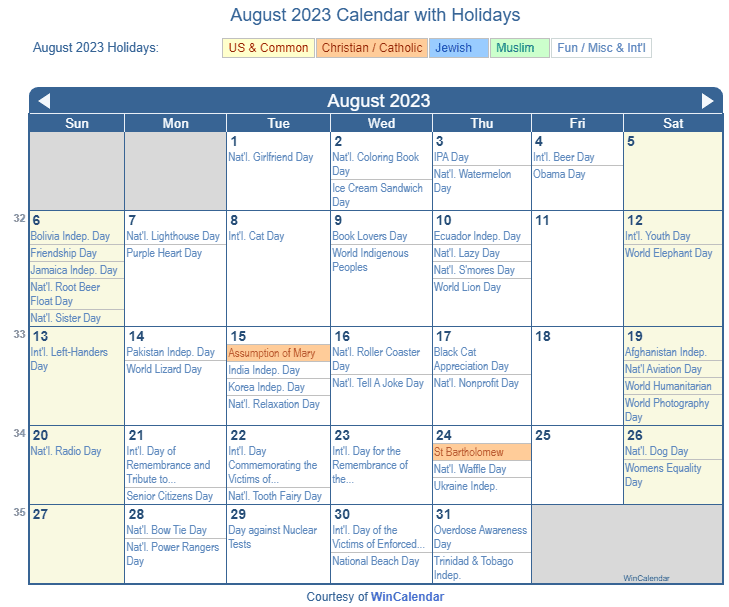 Print Friendly August 2023 US Calendar for printing