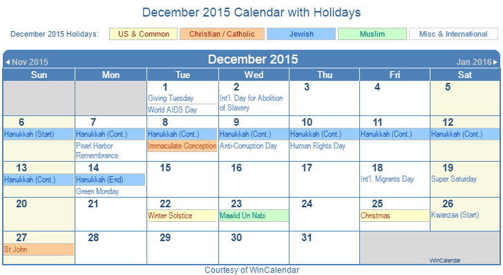 Print Friendly December 2015 US Calendar for printing