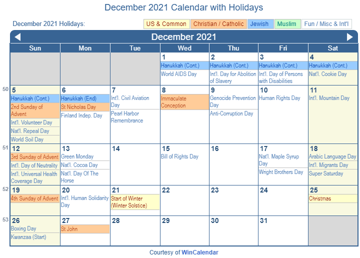Print Friendly December 2021 US Calendar for printing